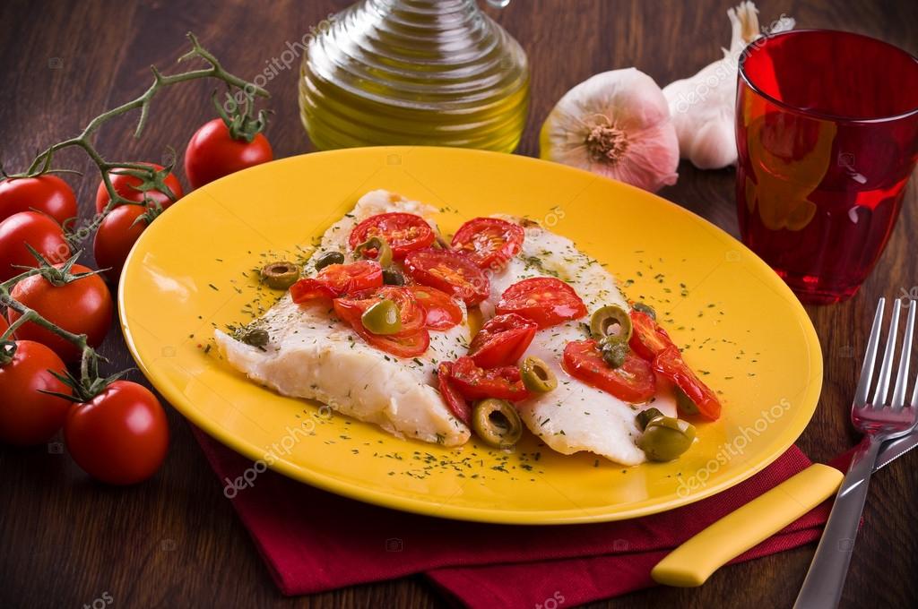 Fish fillet with cherry tomatoes and olive. ⬇ Stock Photo, Image by ...