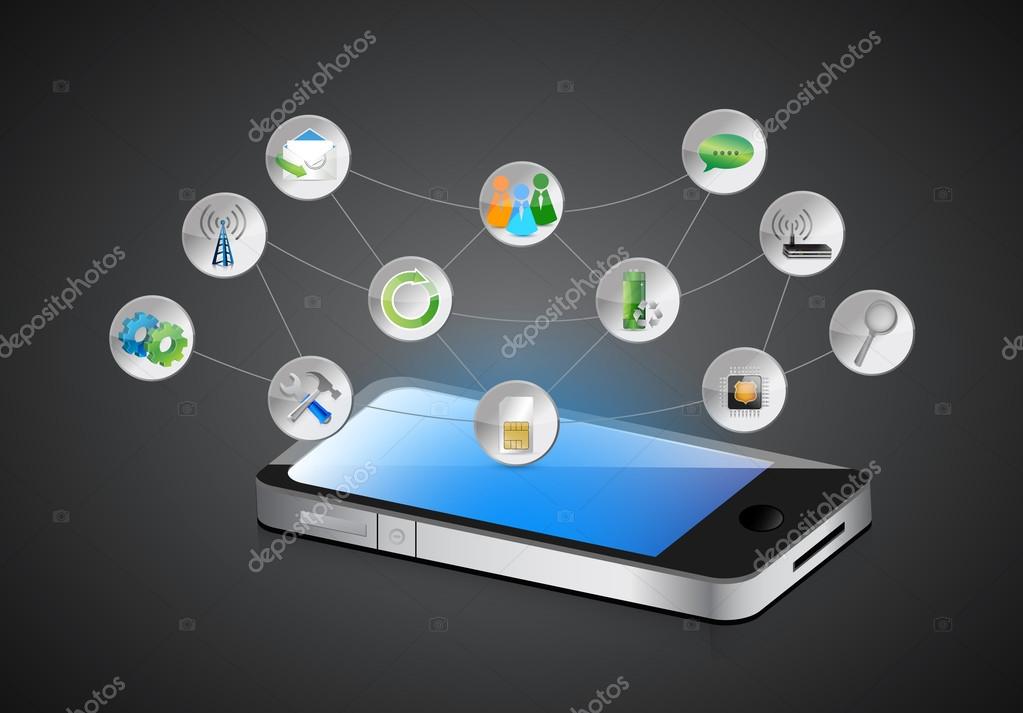 Mobile smartphone, app symbols and its functions — Stock Photo ...
