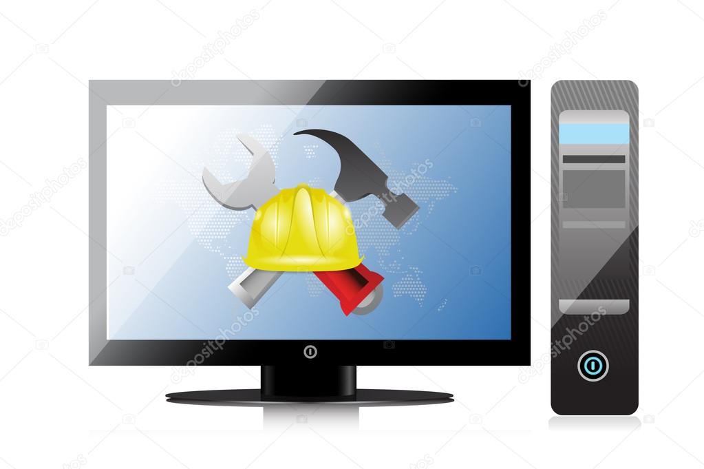 Computer with issues and under construction sign Stock Illustration by ...
