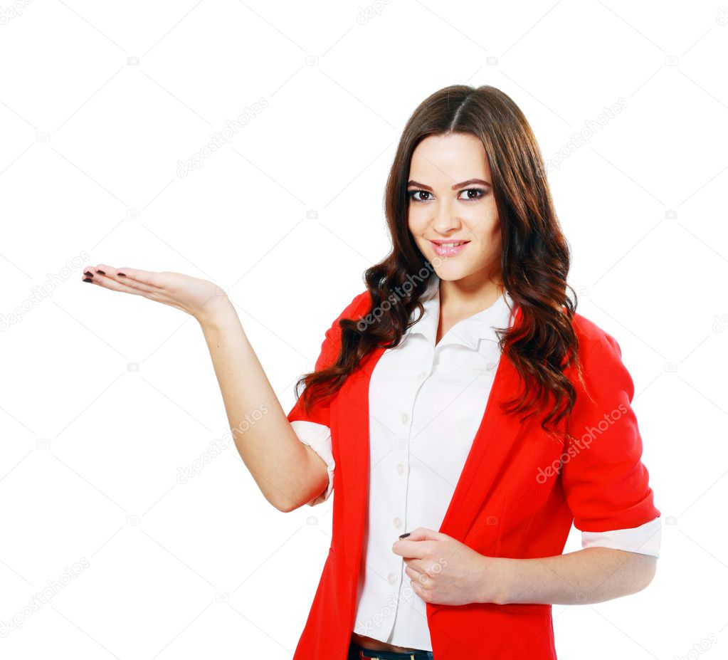 Woman showing open hand Stock Photo by ©lenanet 25053315