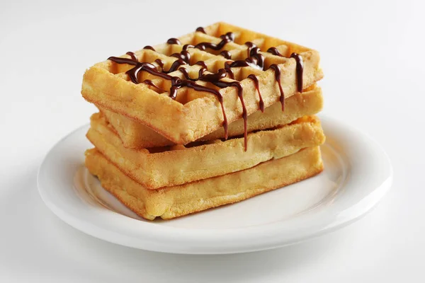 Stack Waffles Chocolate Sauce Plate White Background — Stock Photo ...