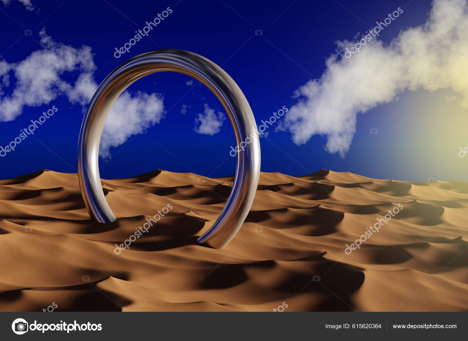 Abstract Futuristic Chrome Reflective Ring Desert Illustration Render ...