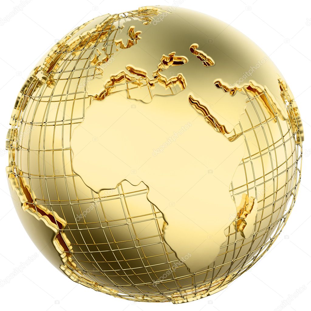 Earth in Gold Metal isolated with Africa and Europe) — Stock Photo ...