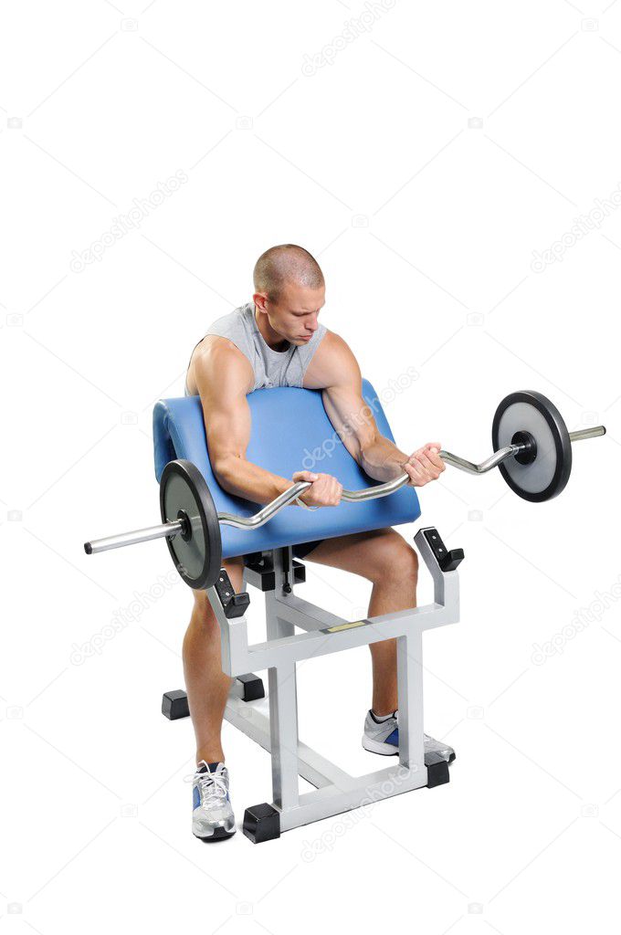 Muscular athlete man exercising on a white background — Stock Photo ...