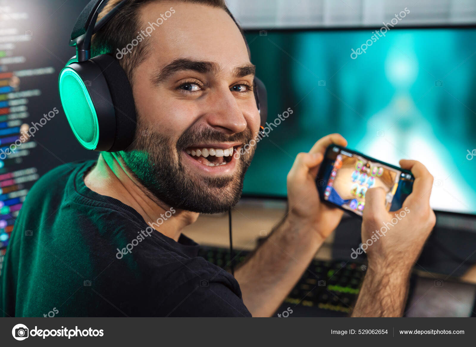 Young Man Gamer Playing Video Games Smartphone Computer Dark Room ...