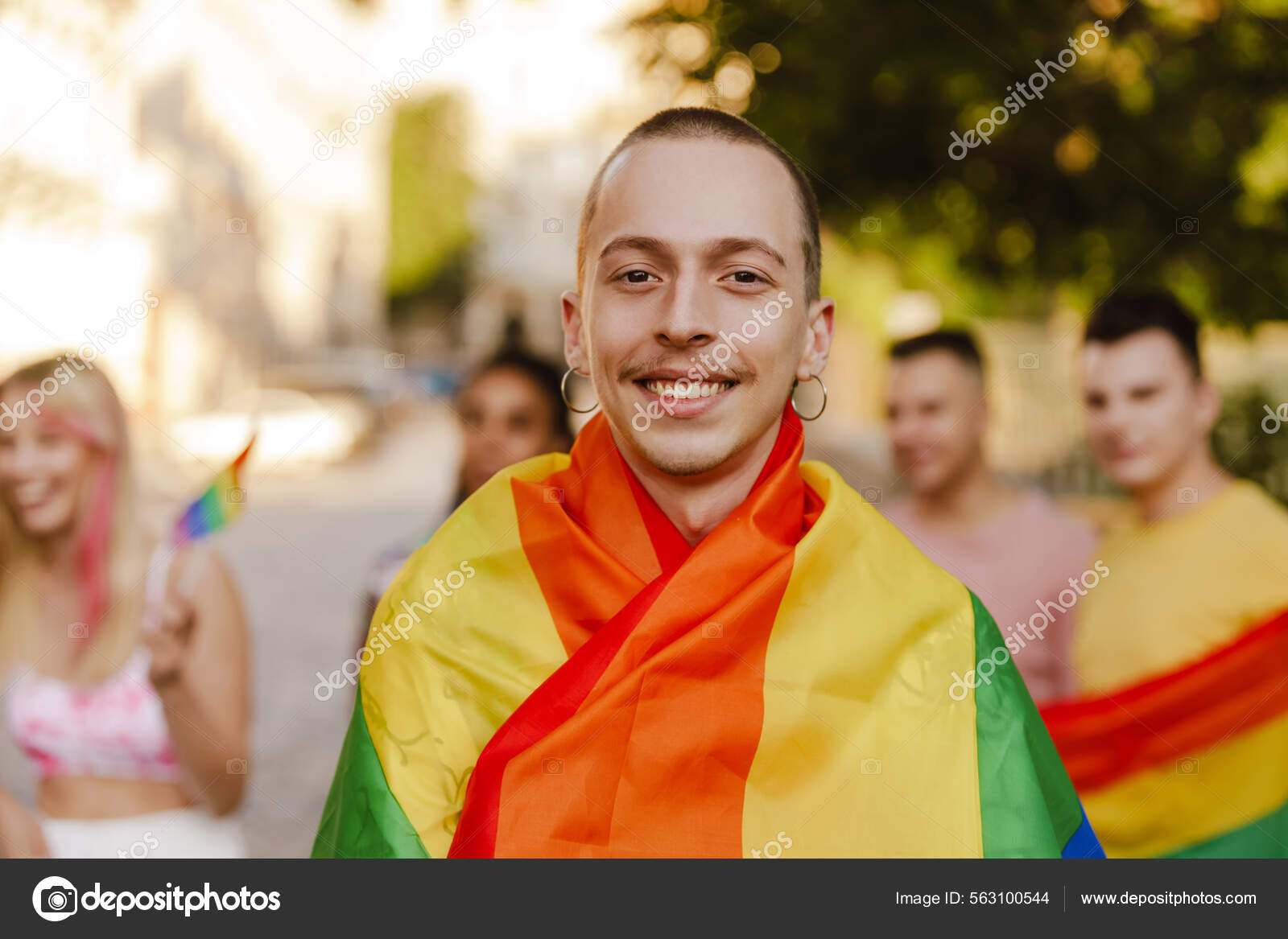 Close Smiling Young Man Holding Rainbow Flag Standing Group Smiling ...