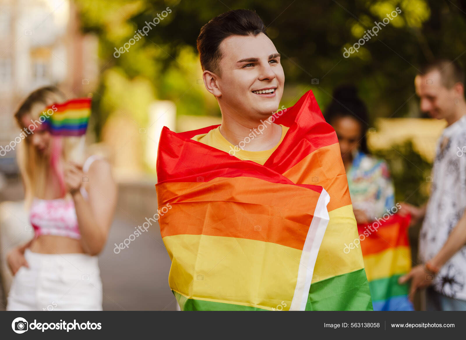 Close Smiling Young Man Holding Rainbow Flag Standing Group Smiling ...