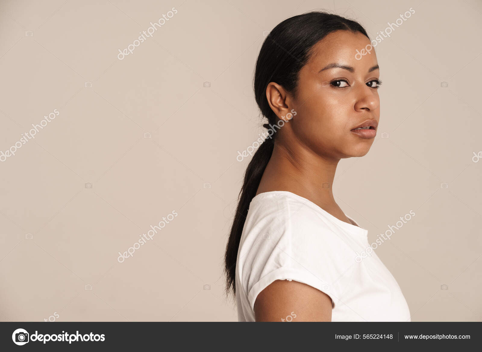 Young Black Woman Wearing Shirt Posing Looking Camera Isolated White