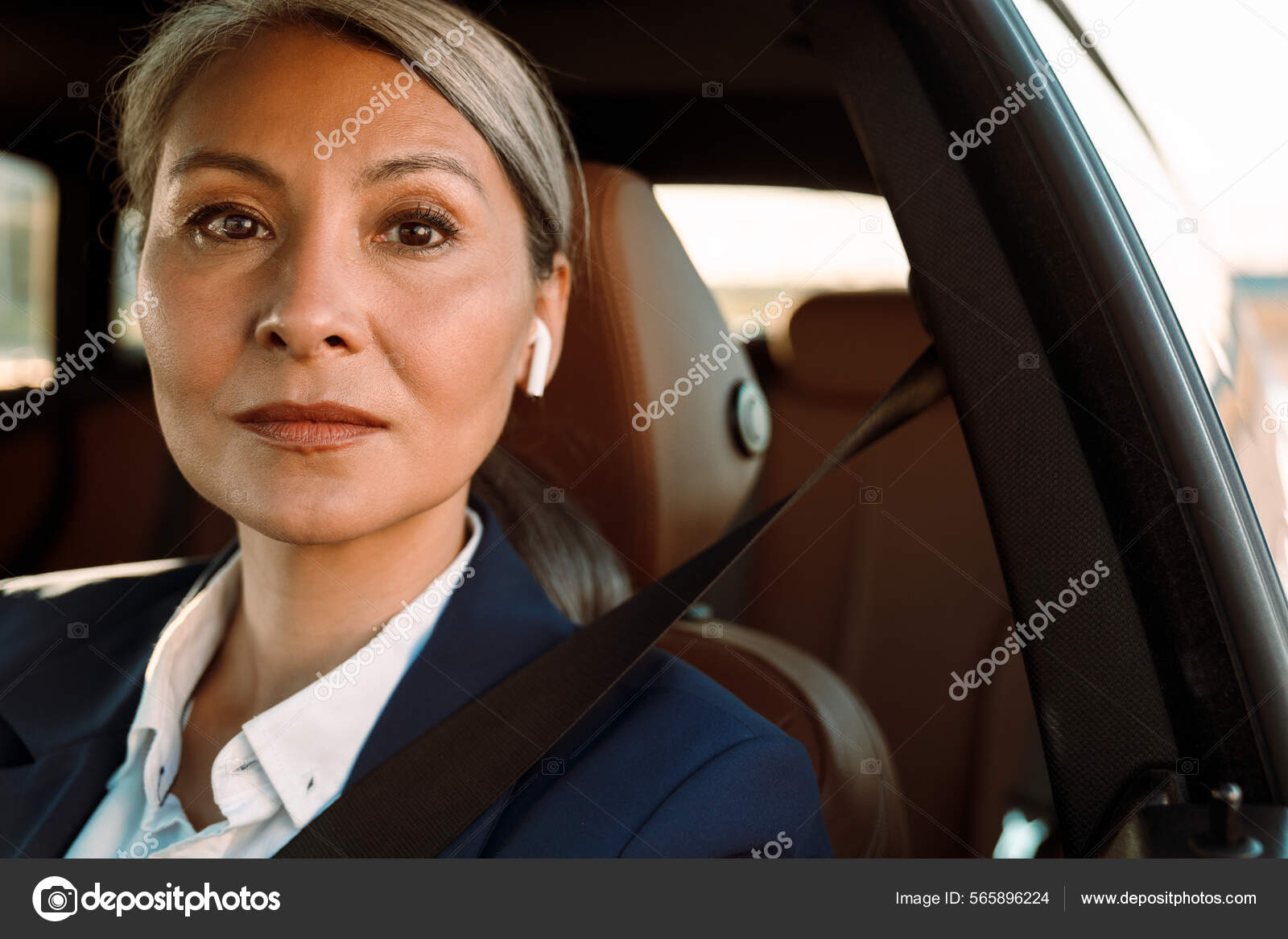 Mature Asian Woman Grey Hair Using Earphone While Driving Car — Stock Photo © Vadymvdrobot ...