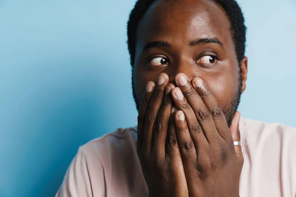 Shocked Black Man Covering His Face Looking Camera Isolated Beige Stock ...