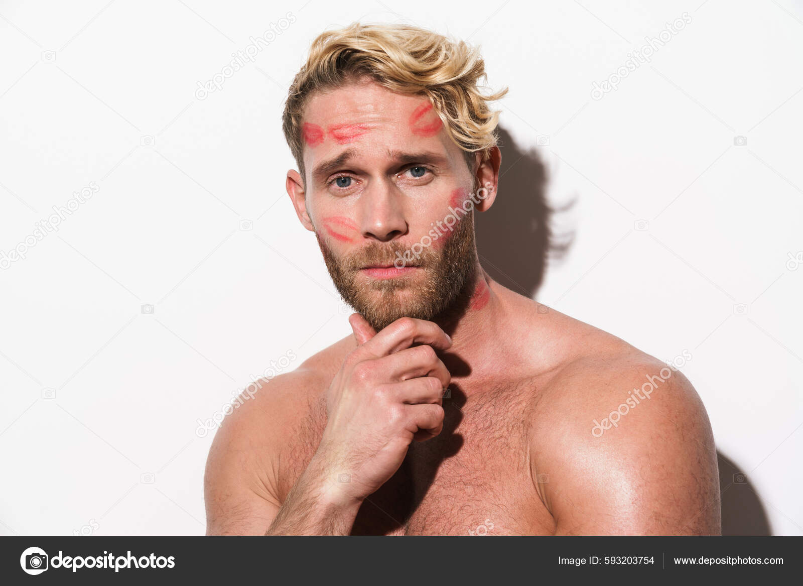 White Shirtless Man Lipstick Marks Looking Camera Isolated White Wall Fotografía De Stock