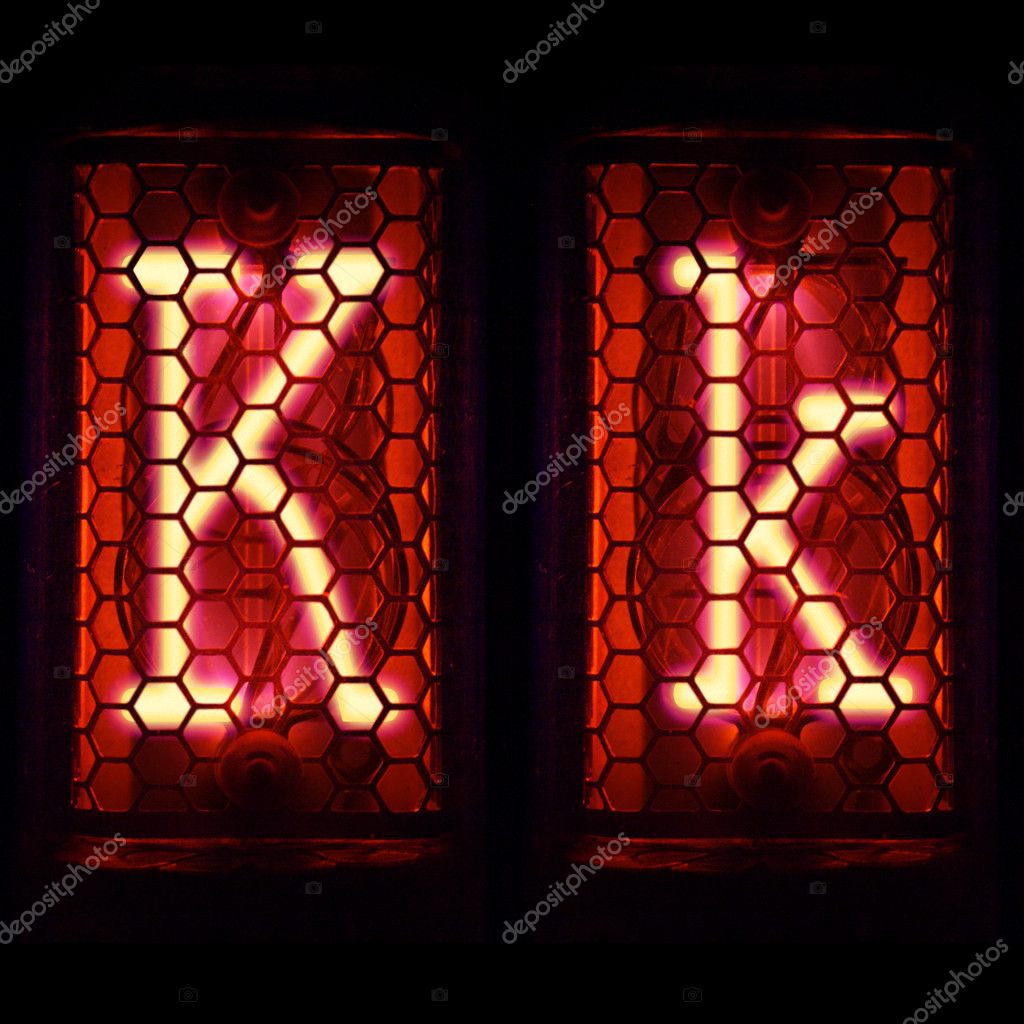 Nixie tube indicator set of letters the whole alphabet. The letter "K ...