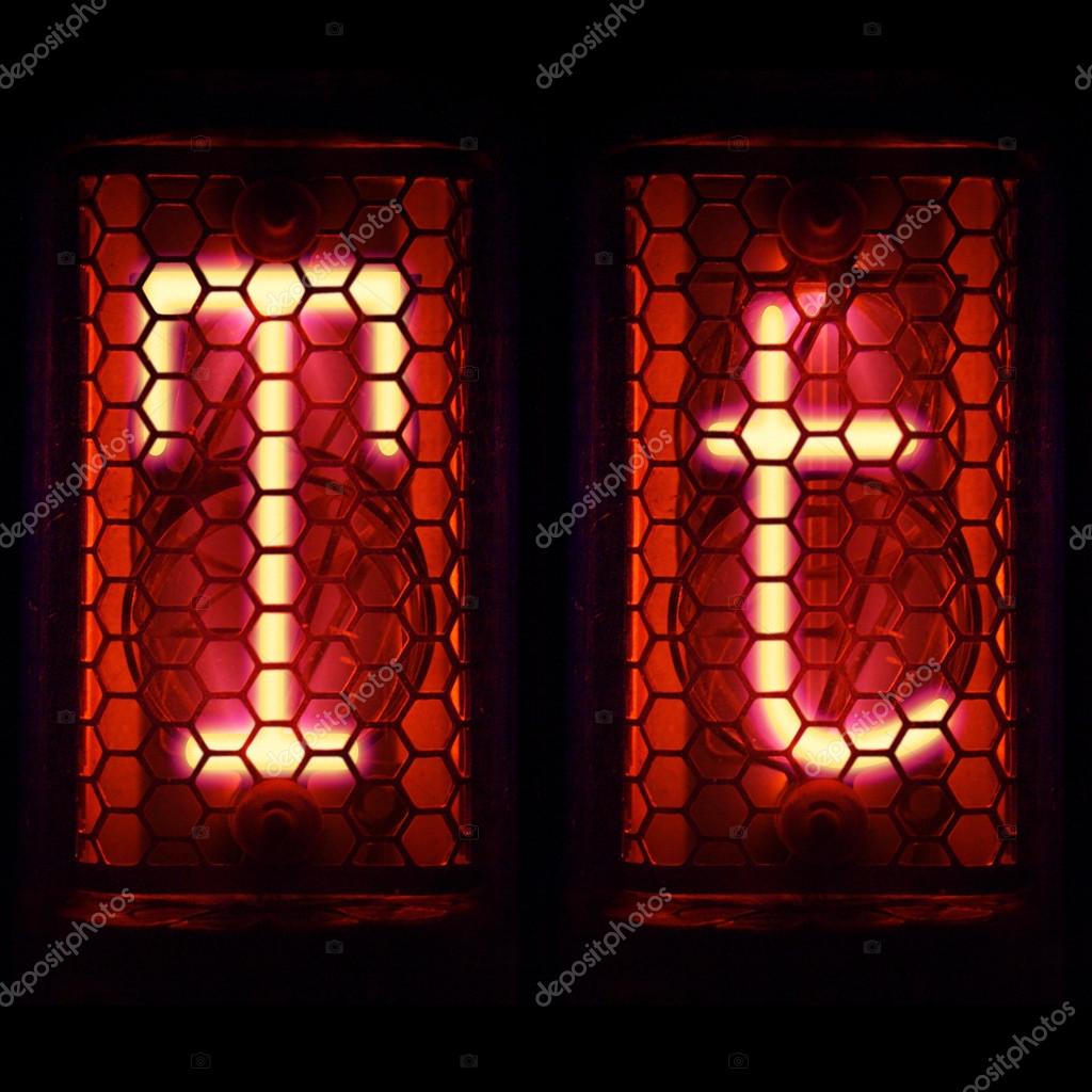 Nixie tube indicator set of letters the whole alphabet. The letter "T ...