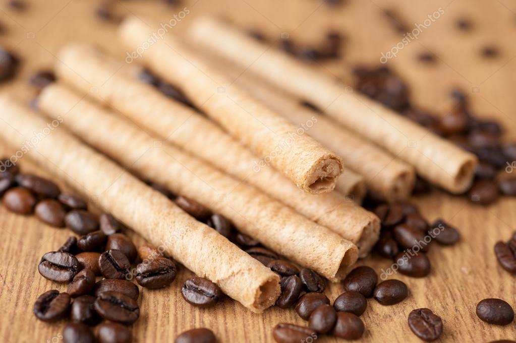 Wafer rolls with cream and coffee grains Stock Photo by ©rozmarina 16818559