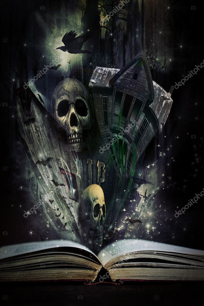Open story book with Halloween stories coming alive — Stock Photo ...