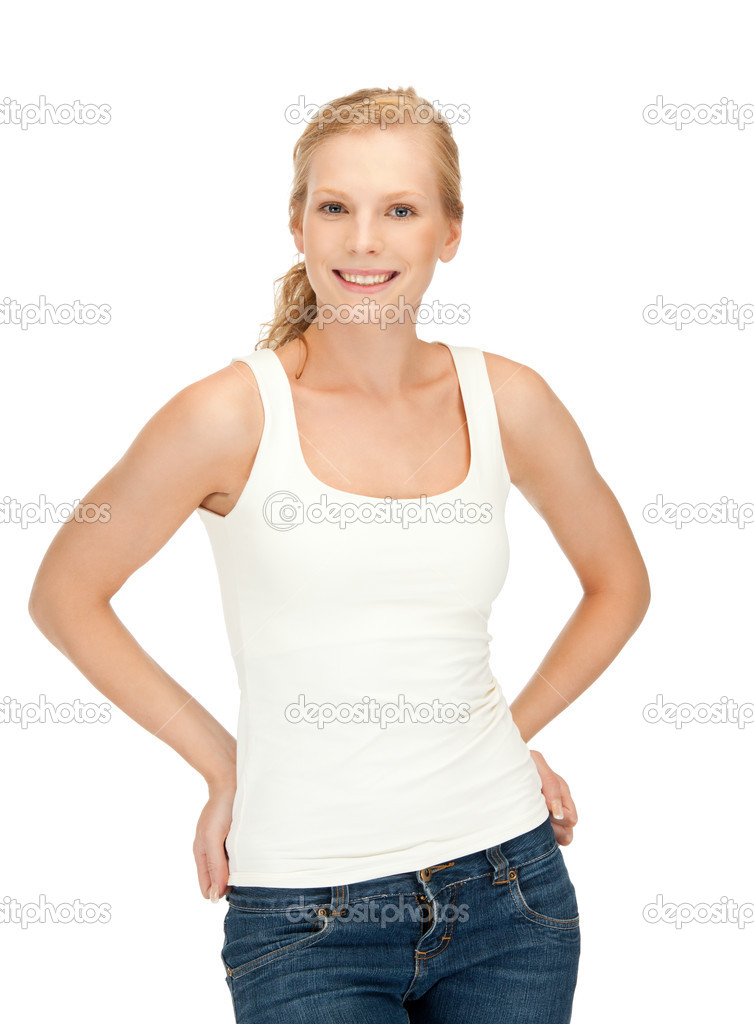 Smiling teenage girl in blank white t-shirt Stock Photo by ©Syda ...