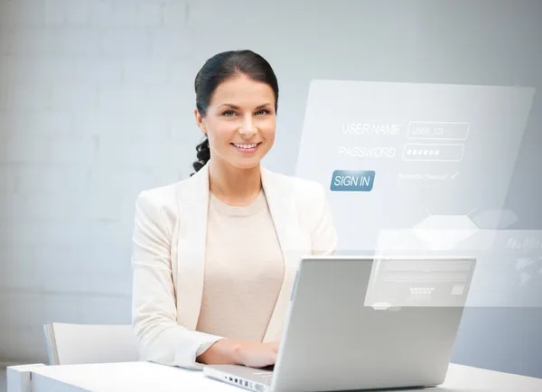 Woman with laptop computer and virtual screen - Stock Image - Everypixel