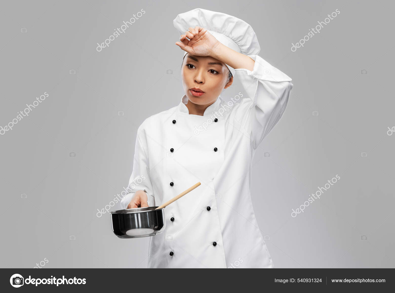 Tired female chef with saucepan cooking food Stock Photo by ©Syda ...