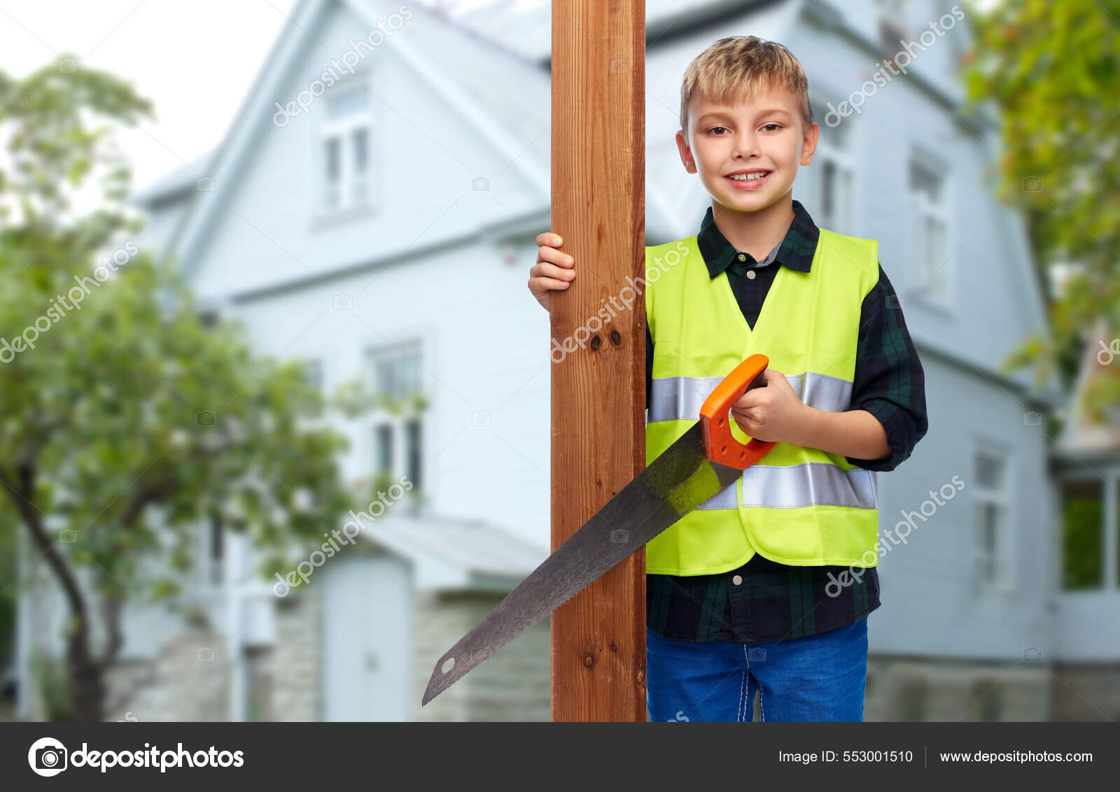 Little boy in safety vest with saw and board — Stock Photo © Syda ...