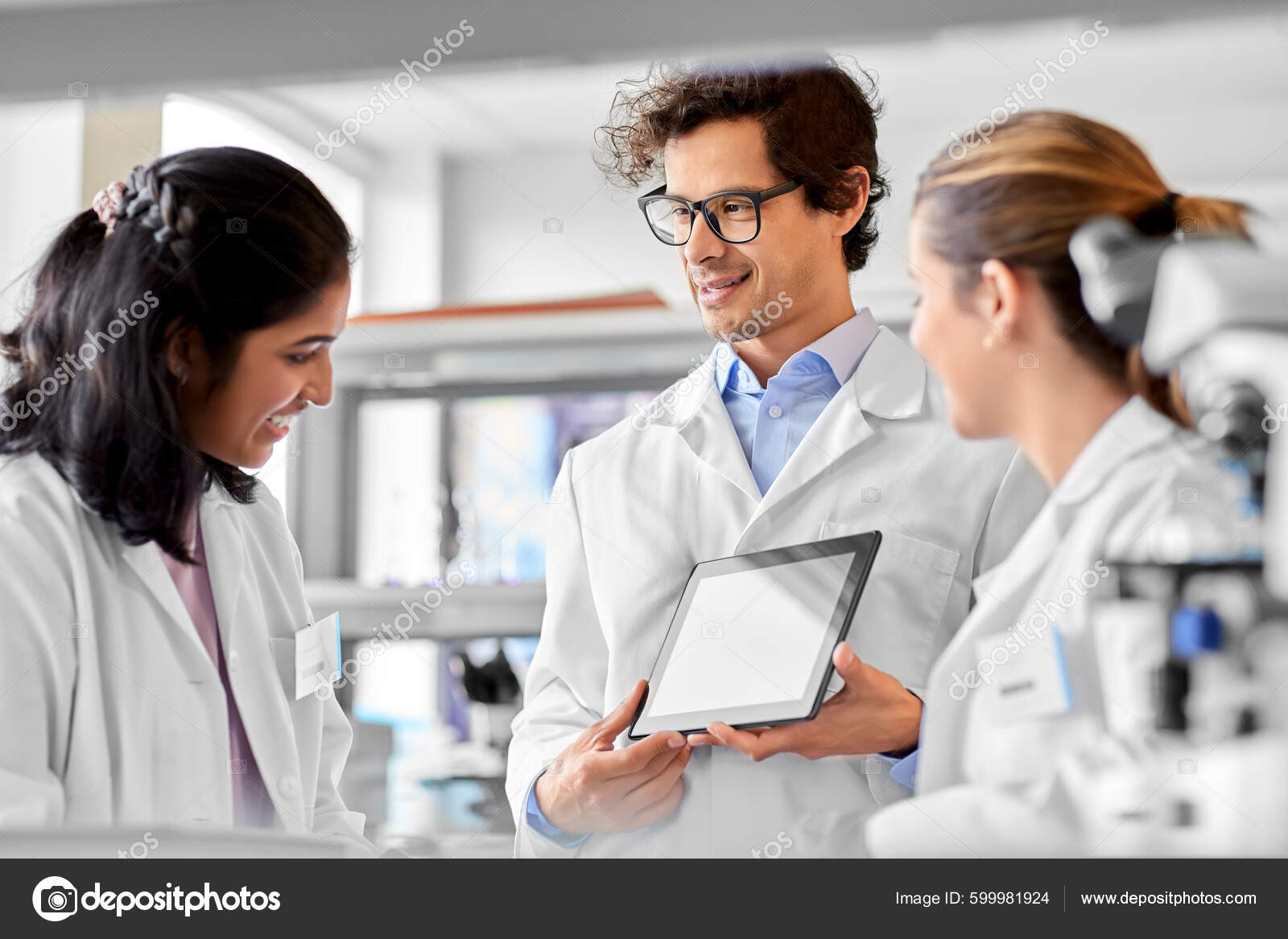 Science Research Work People Concept International Group Scientists Tablet Computer — Stock ...