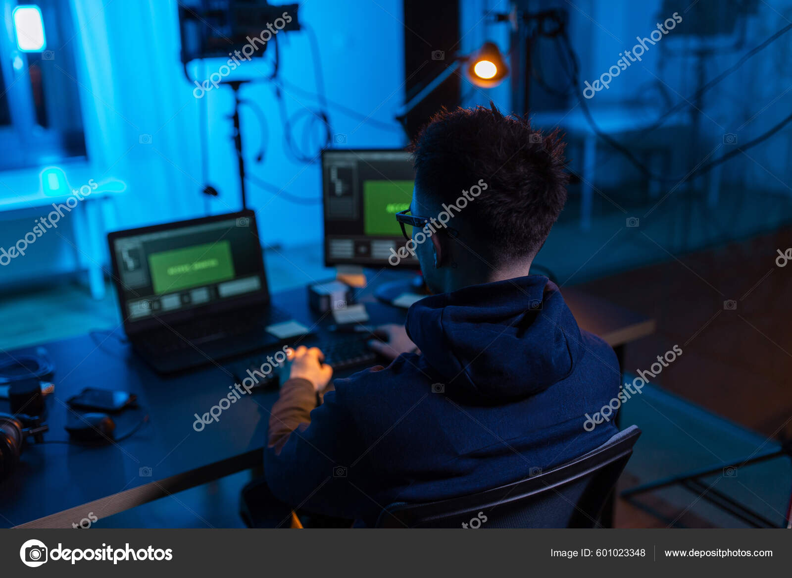 Cybercrime Hacking Technology Concept Male Hacker Dark Room Writing ...