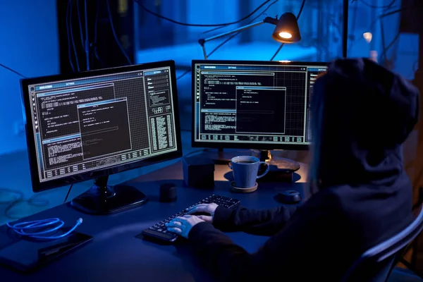 cybercrime, hacking and technology concept - female hacker in dark room ...