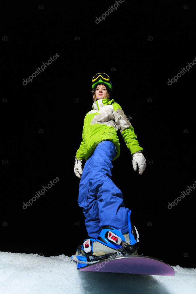 Girl ready to slide with snowboard down the mountain — Stock Photo ...