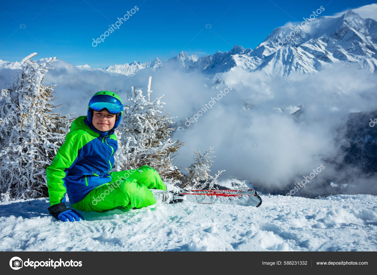 Little Boy Alpine Ski Sit Snow Top Mountain Peaks Covered Stock Photo ...
