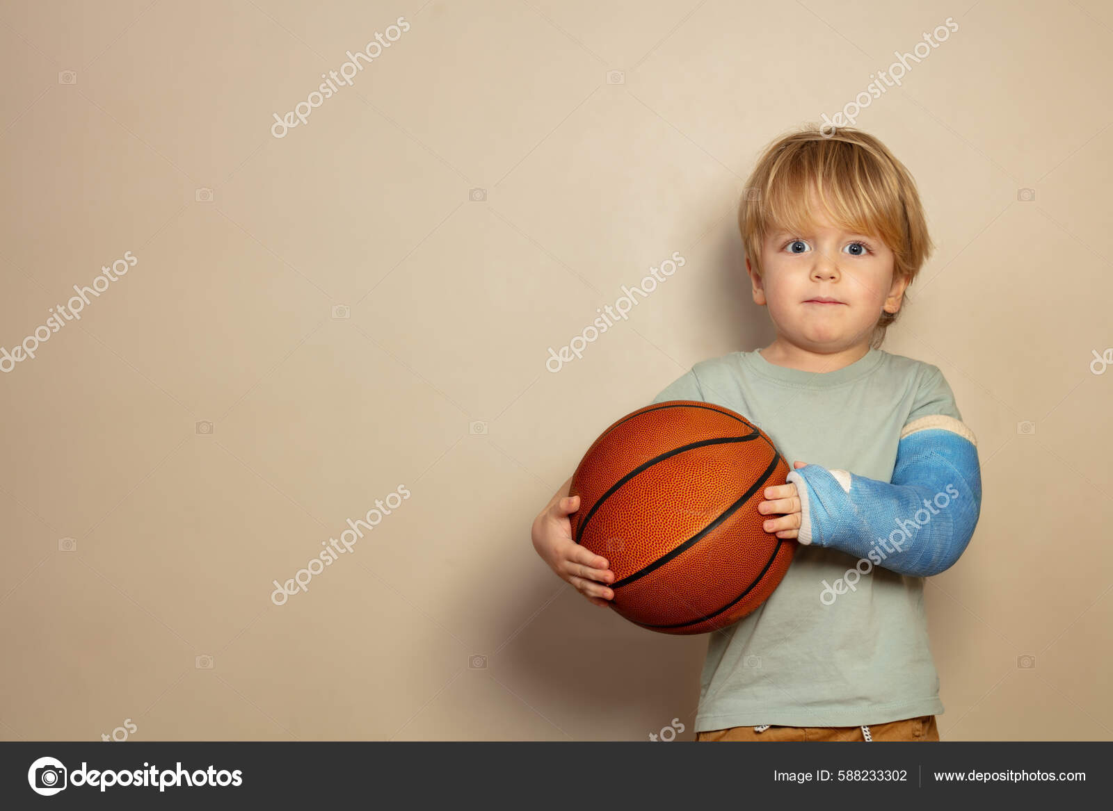 Little Blond Boy Hold Big Orange Basketball Ball Hands Broken — Stock ...