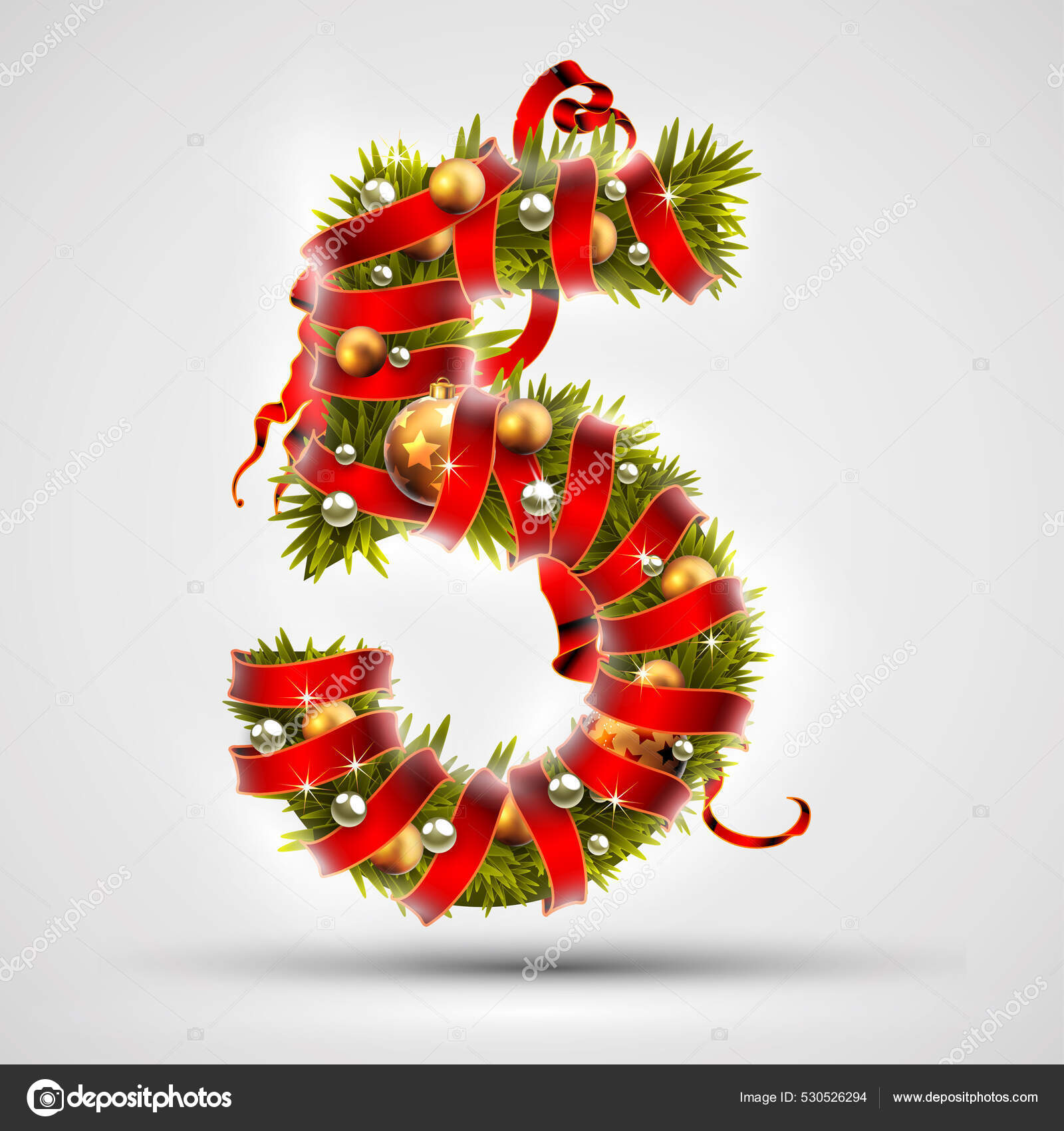 Number Decorated Christmas Tree Branches Red Ribbon Gold Balls Very ...