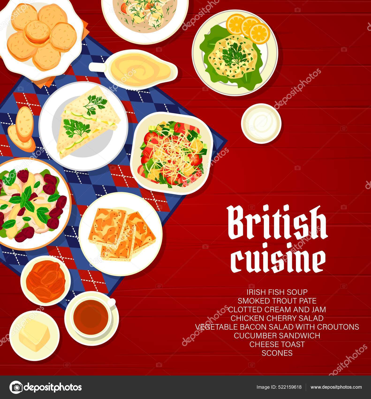 British Cuisine Menu Cover Template Clotted Cream Jam Chicken Cherry ...