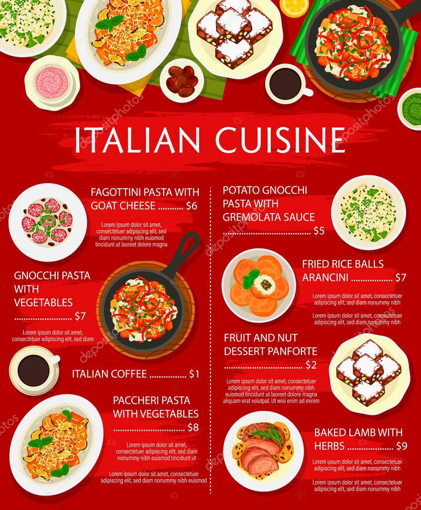 Cocina italiana menú de diseño vectorial de Italia comida, pasta ...