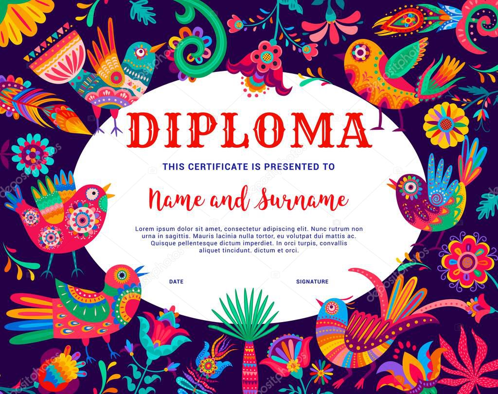 Diploma Niños Con Dibujos Animados Colibrí Mexicano Alebrije ...