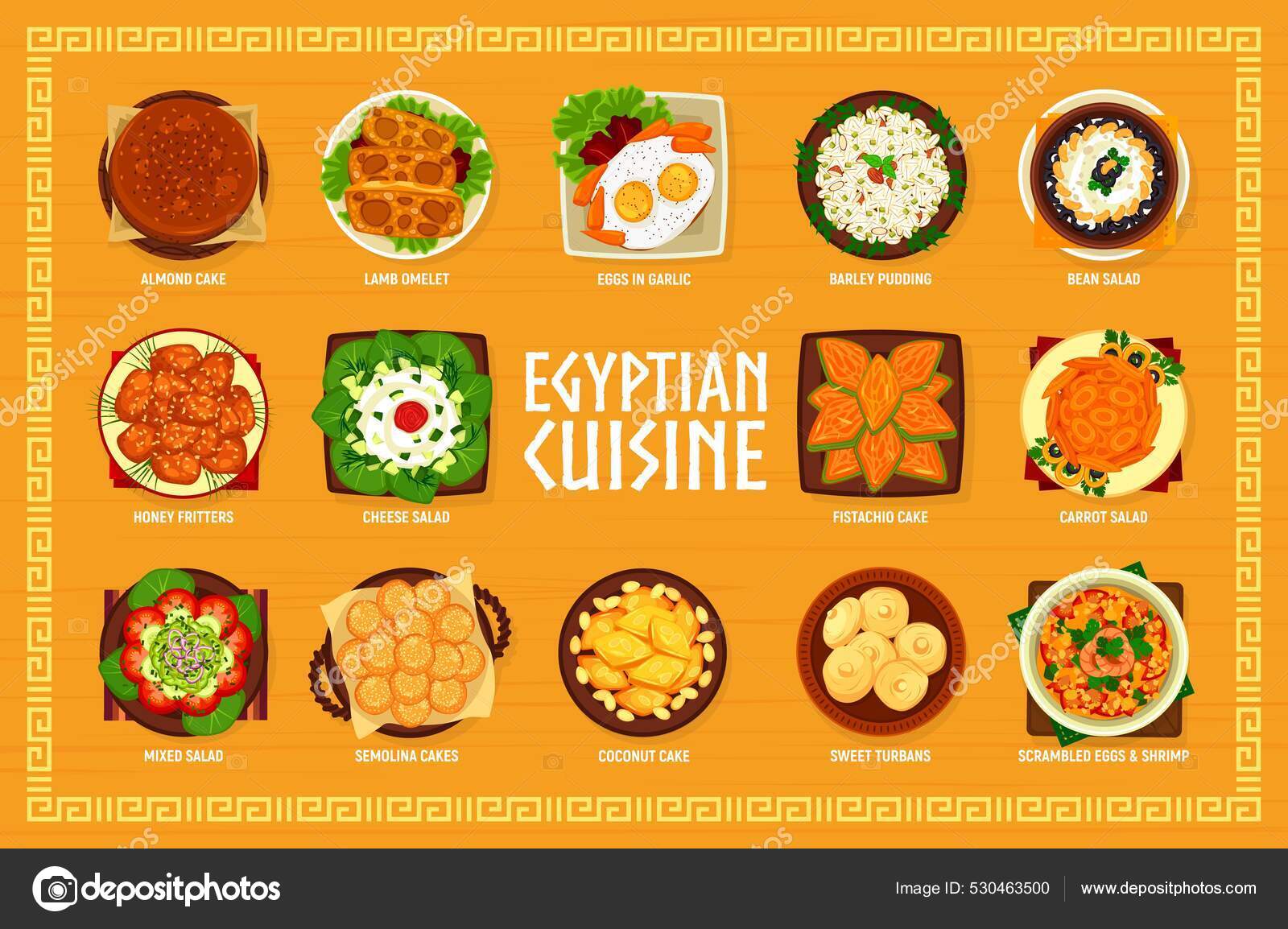 Halaman Menu Masakan Mesir Kelapa Almond Dan Kue Semolina Omelet Vektor ...