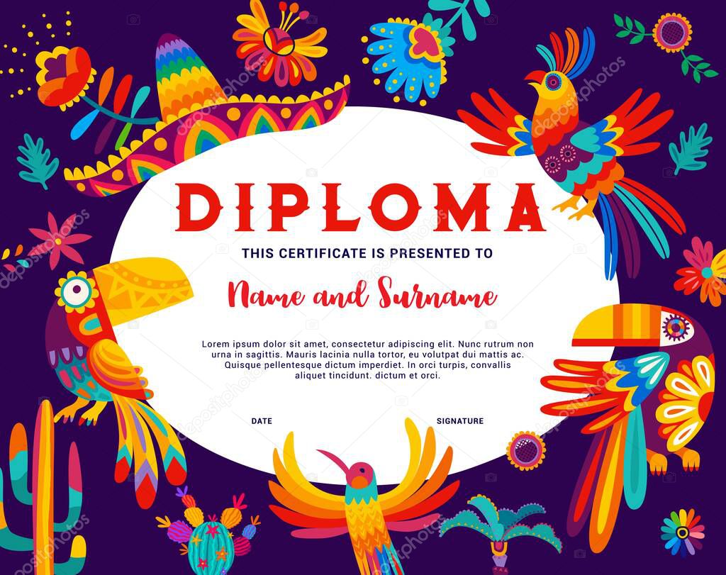 Diploma infantil con sombrero mexicano de dibujos animados, tucán, loro ...