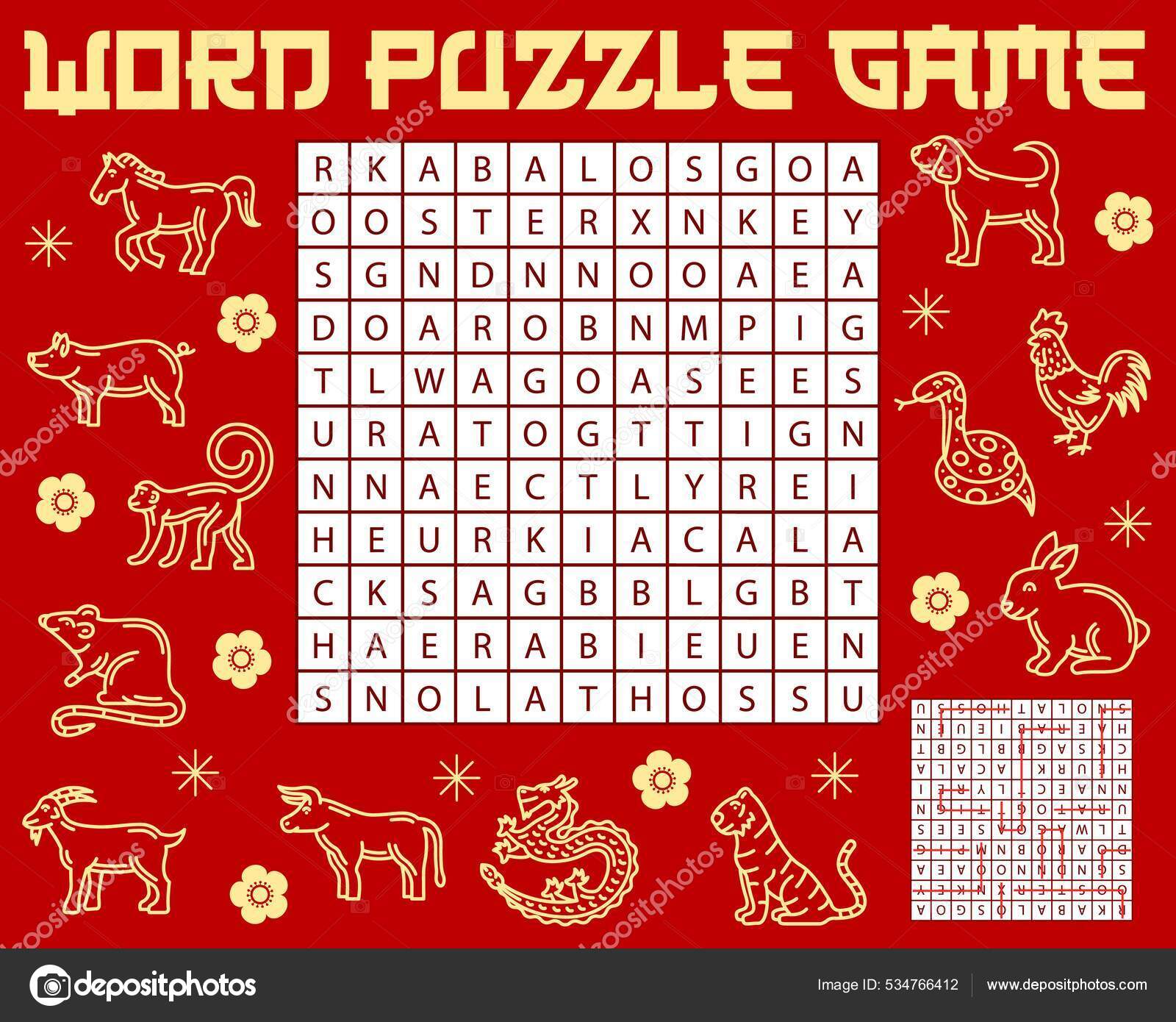 Chinese Horoscope Animals Word Search Puzzle Game Vector Worksheet Kids ...
