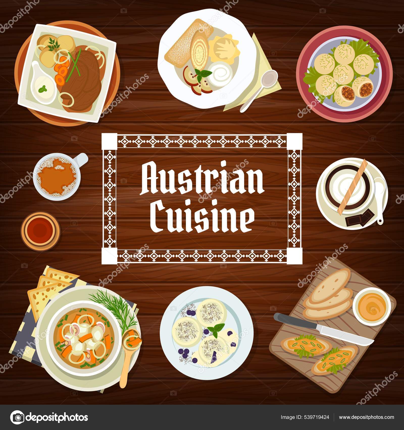Austrian Cuisine Menu Cover Vector Meat Fruit Dumplings Dessert Coffee ...