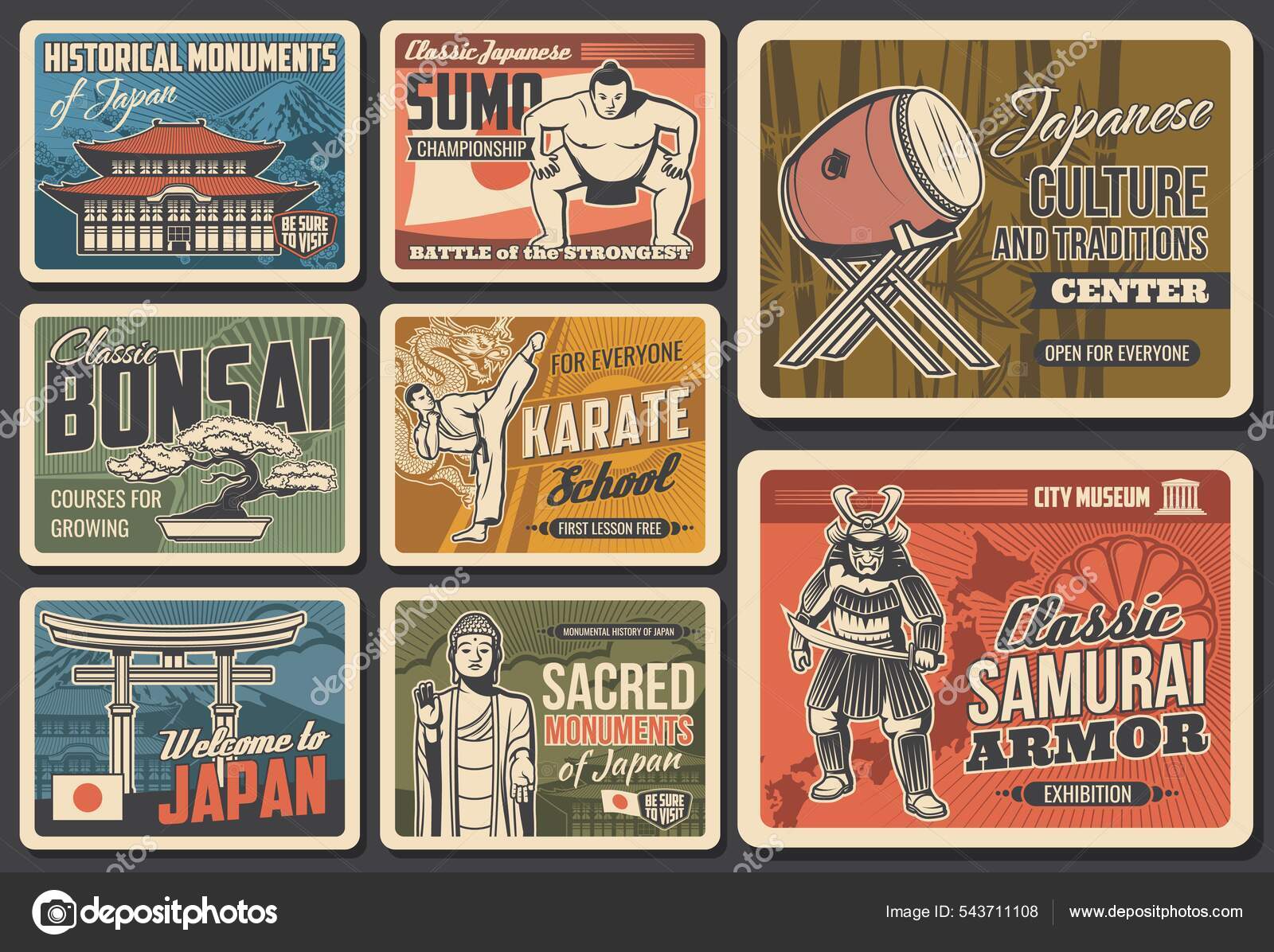 Perjalanan Jepang Vektor Poster Retro Budaya Dan Tradisi Jepang ...