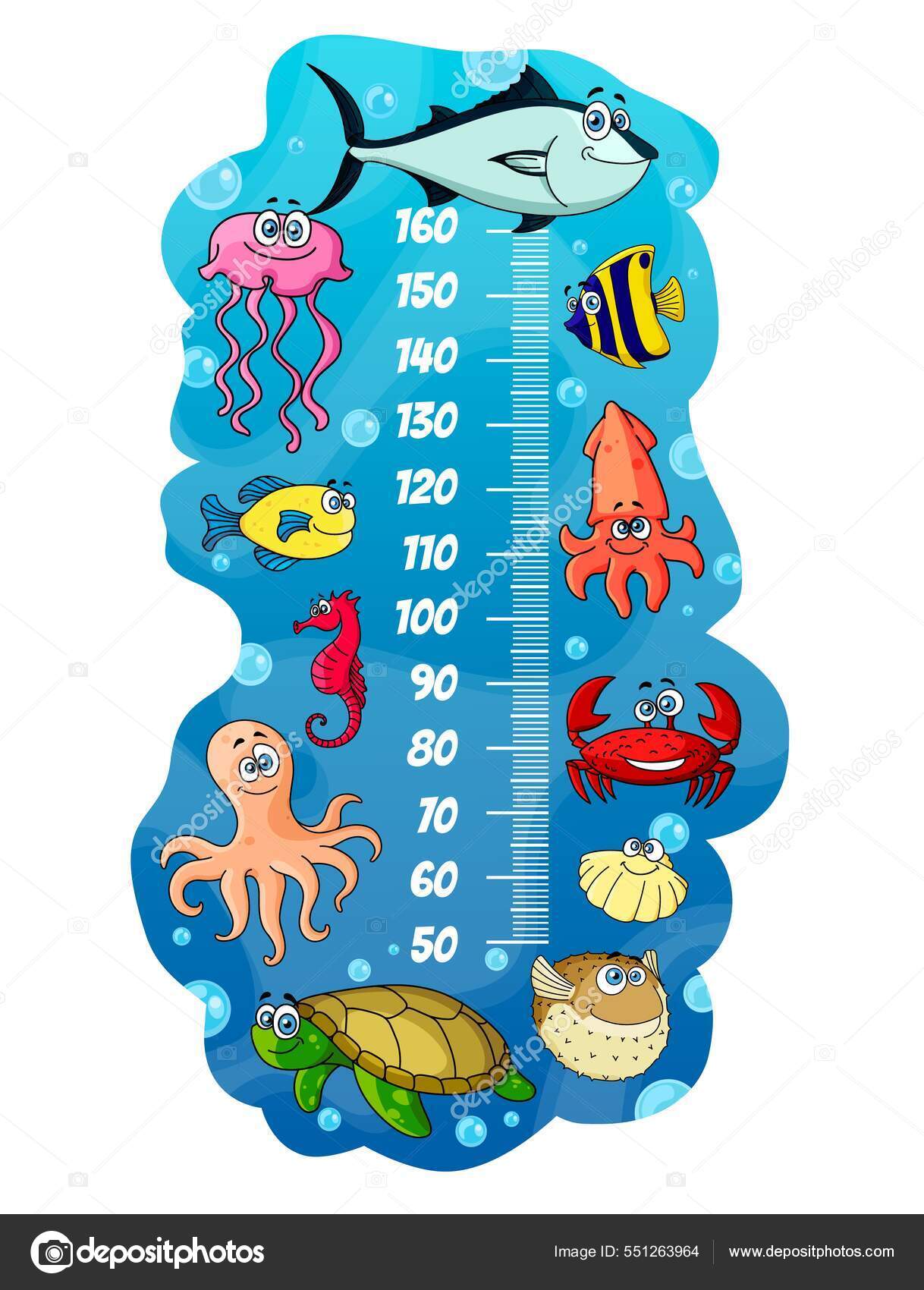 Kids Height Chart Cartoon Sea Animals Vector Growth Measure Meter Stock ...