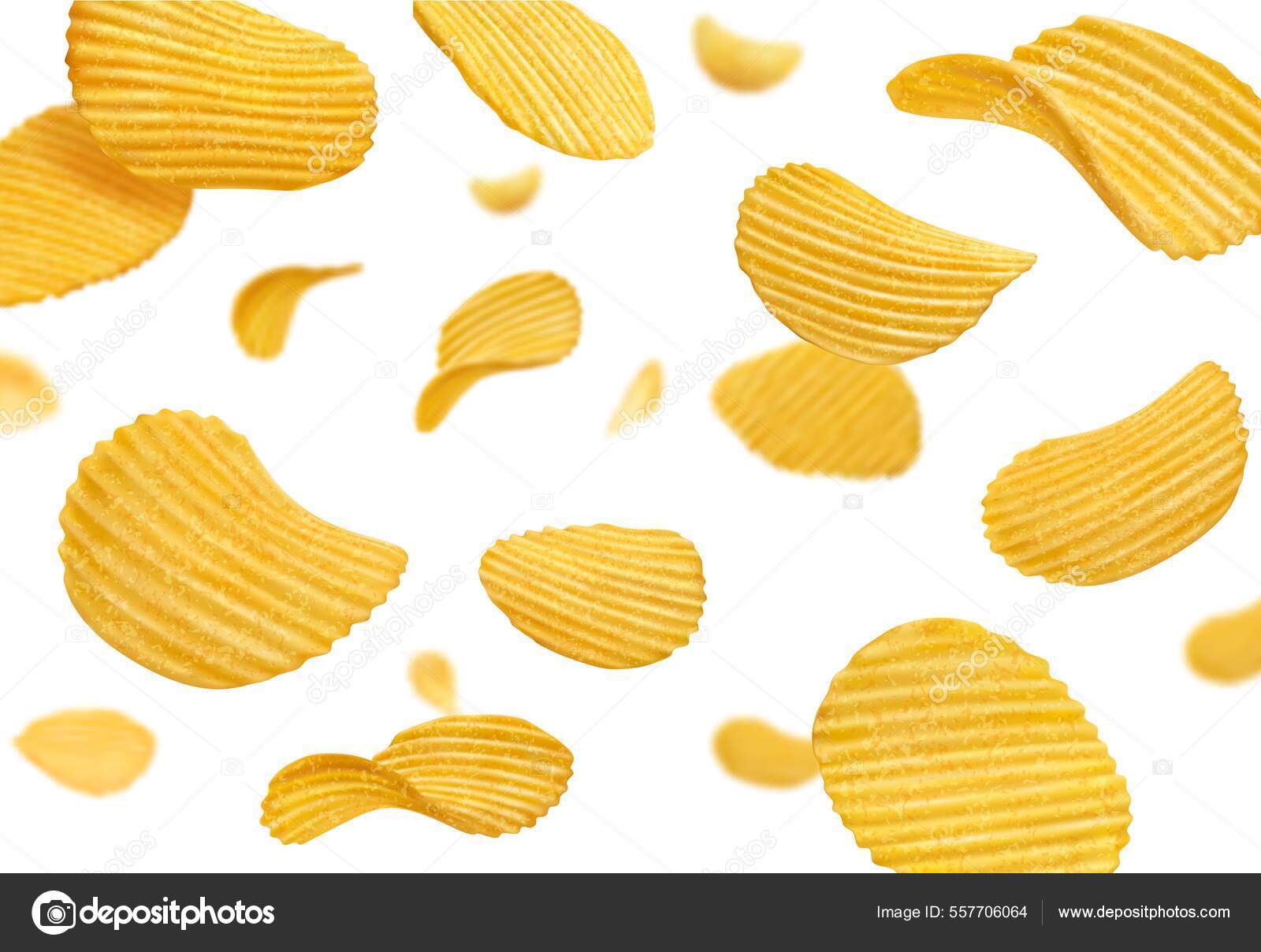 Flying Falling Crispy Ripple Potato Chips Vector Realista Snacks Splash ...