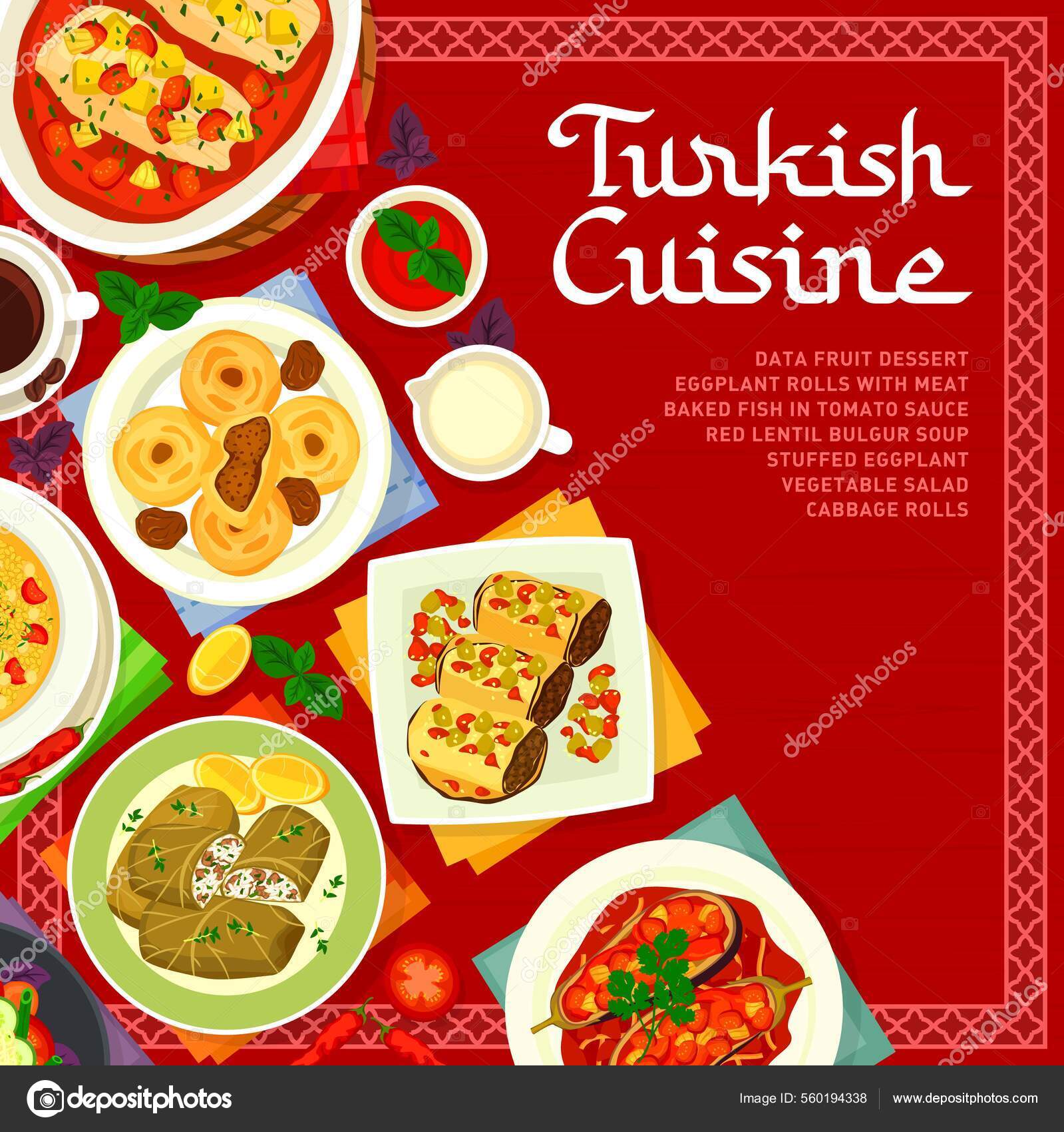 Turkish Cuisine Menu Cover Template Vector Vegetable Salad Red Lentil ...