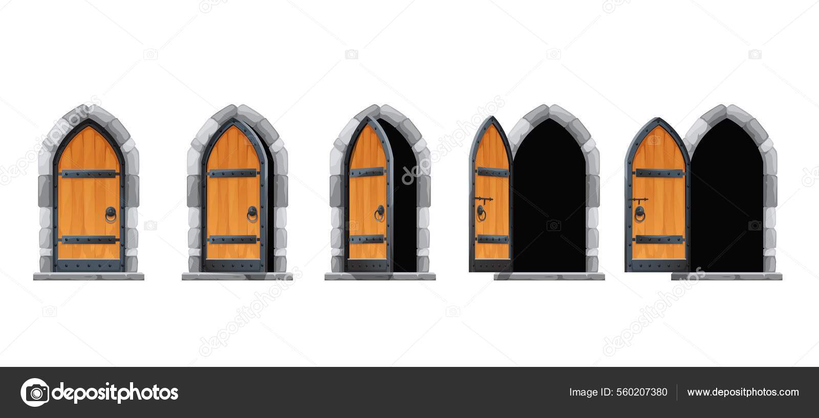 卡通城堡开门门 中世纪宫殿入口的矢量运动动画 供开启和关闭用的城堡或房屋木制拱门 旧石门或木门 图库矢量图©Seamartini 560207380