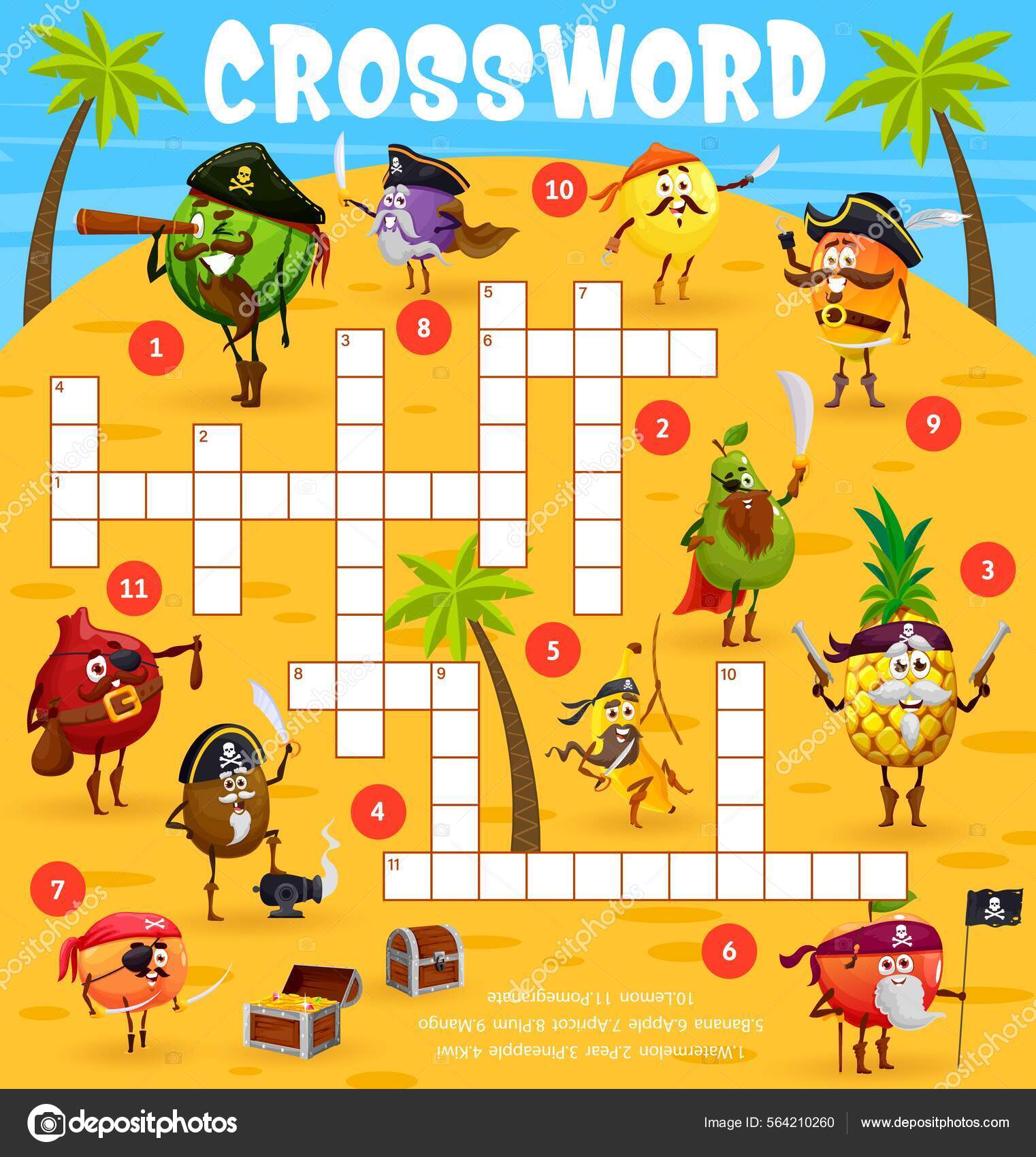 Cartoon Funny Fruit Pirates Characters Island Crossword Puzzle Game Grid Stock Vector By