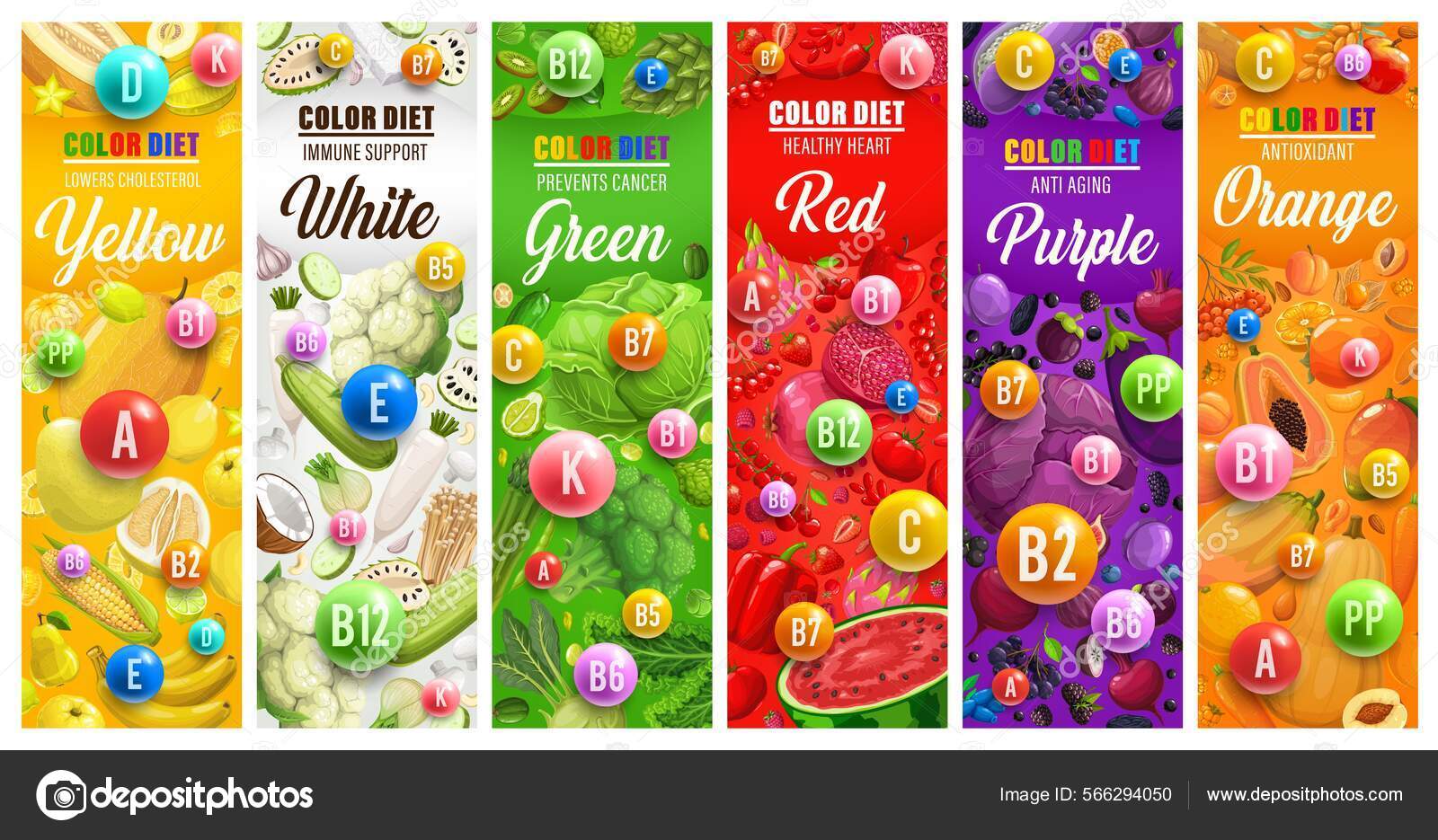 Color Rainbow Diet Vector Banners Vitamins Fruits Vegetables Organic ...