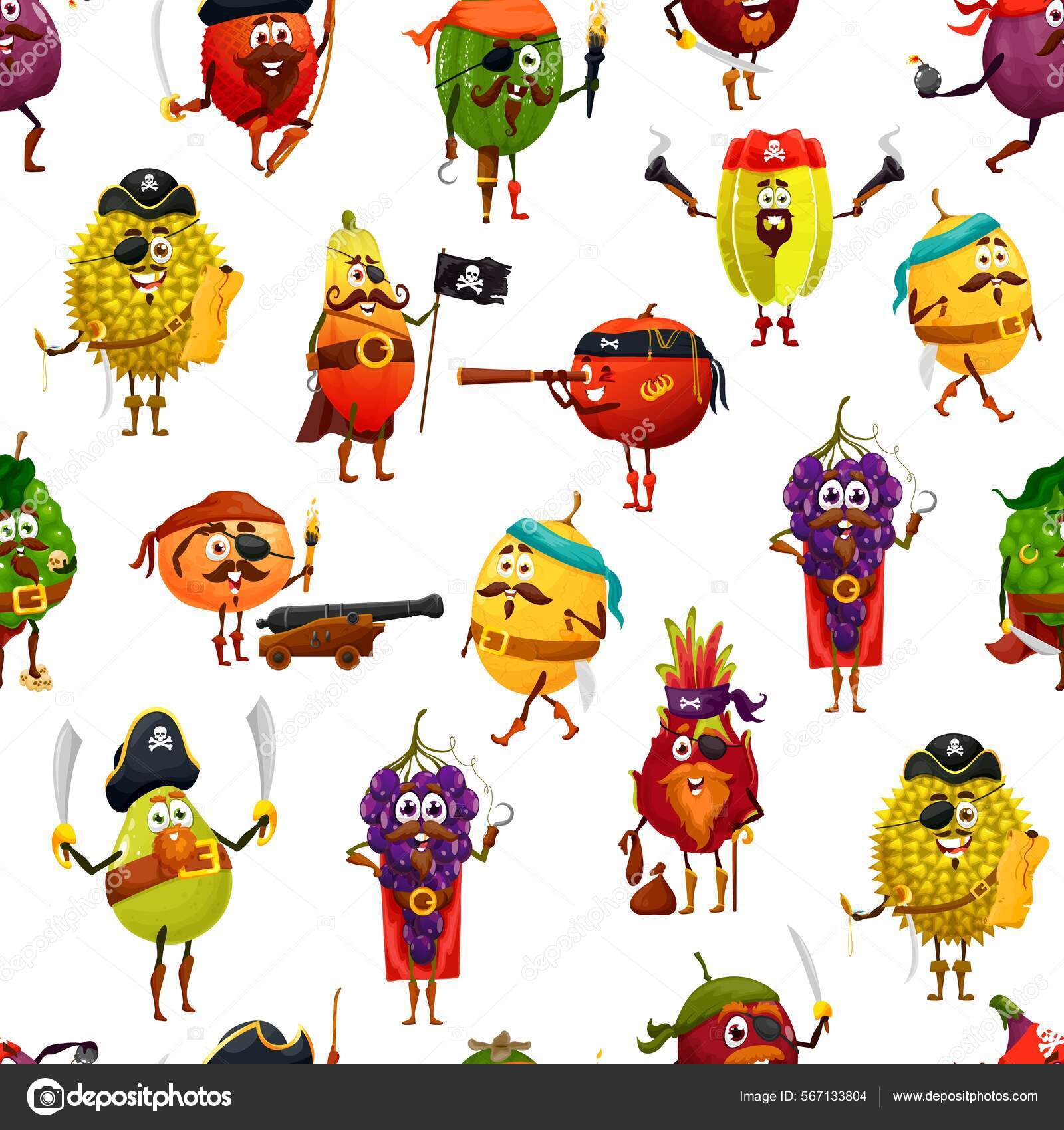Cartoon Fruit Pirates Corsairs Characters Seamless Pattern Vector ...