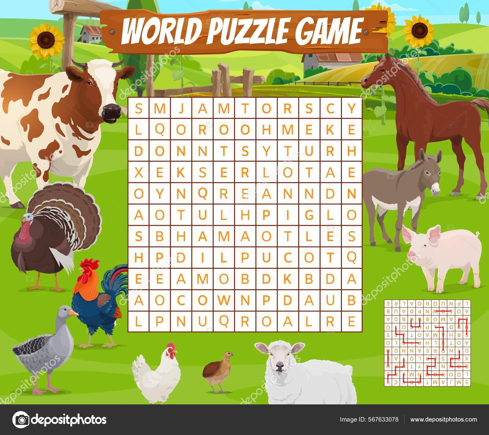 Cartoon Farm Animals Word Search Puzzle Game Worksheet Children Quiz ...
