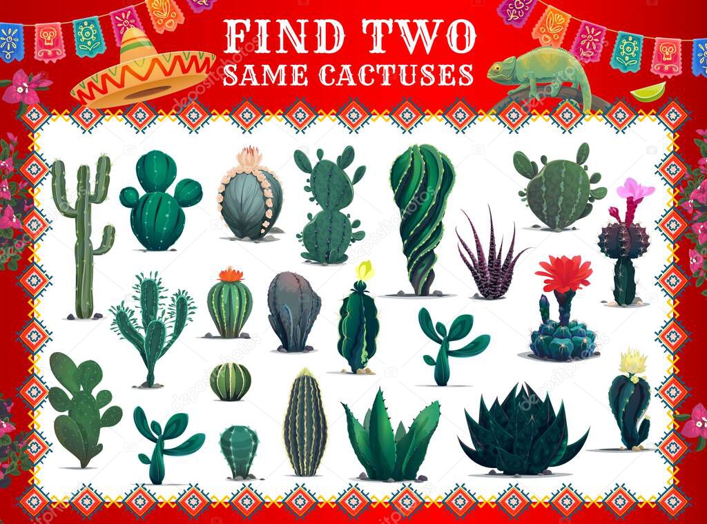 Mexican cactuses, find two same cartoon prickly succulent plants game ...