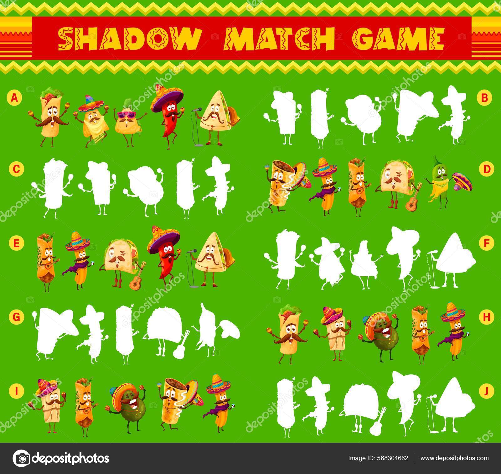 Image vectorielle Cartoon Mexicain Personnages Nourriture Jeu D'ombre ...