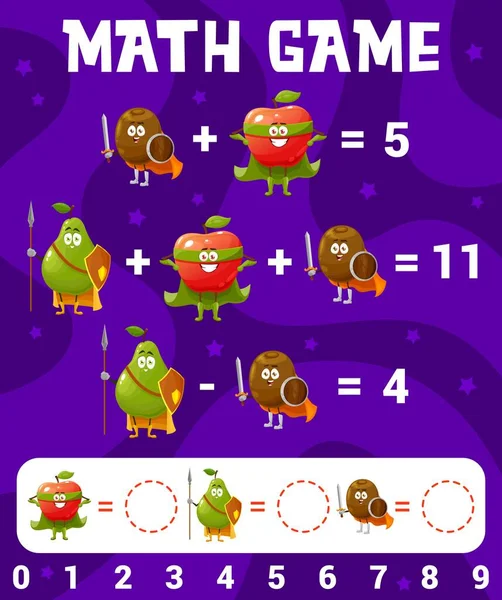 Math Game Worksheet Cartoon Melon Papaya Grape Characters Children ...
