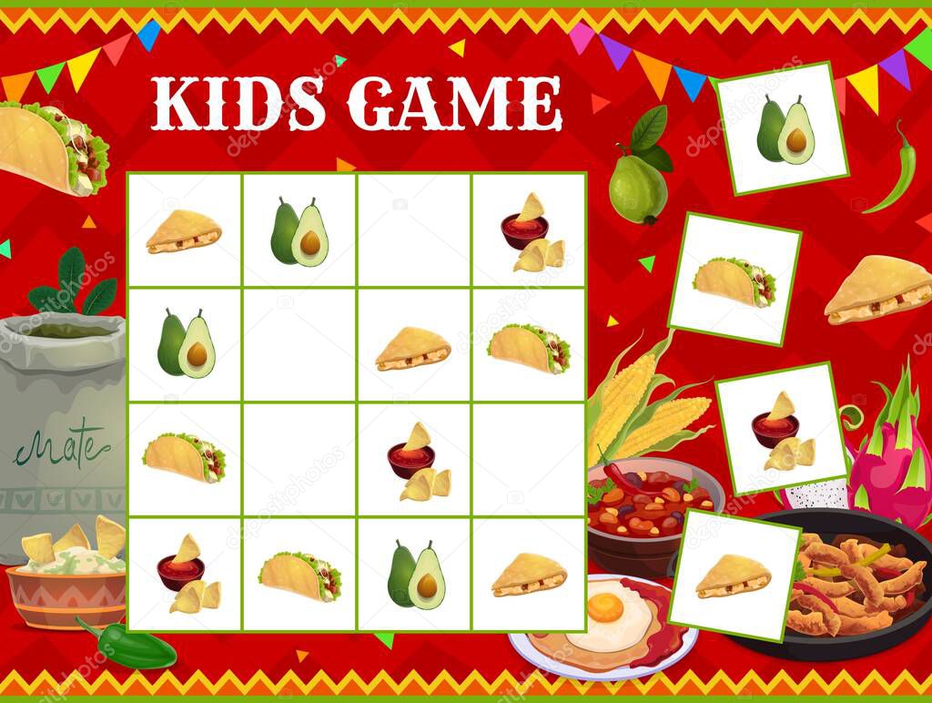 Juego de Sudoku, comidas de cocina mexicana, frutas y aperitivos, hoja ...
